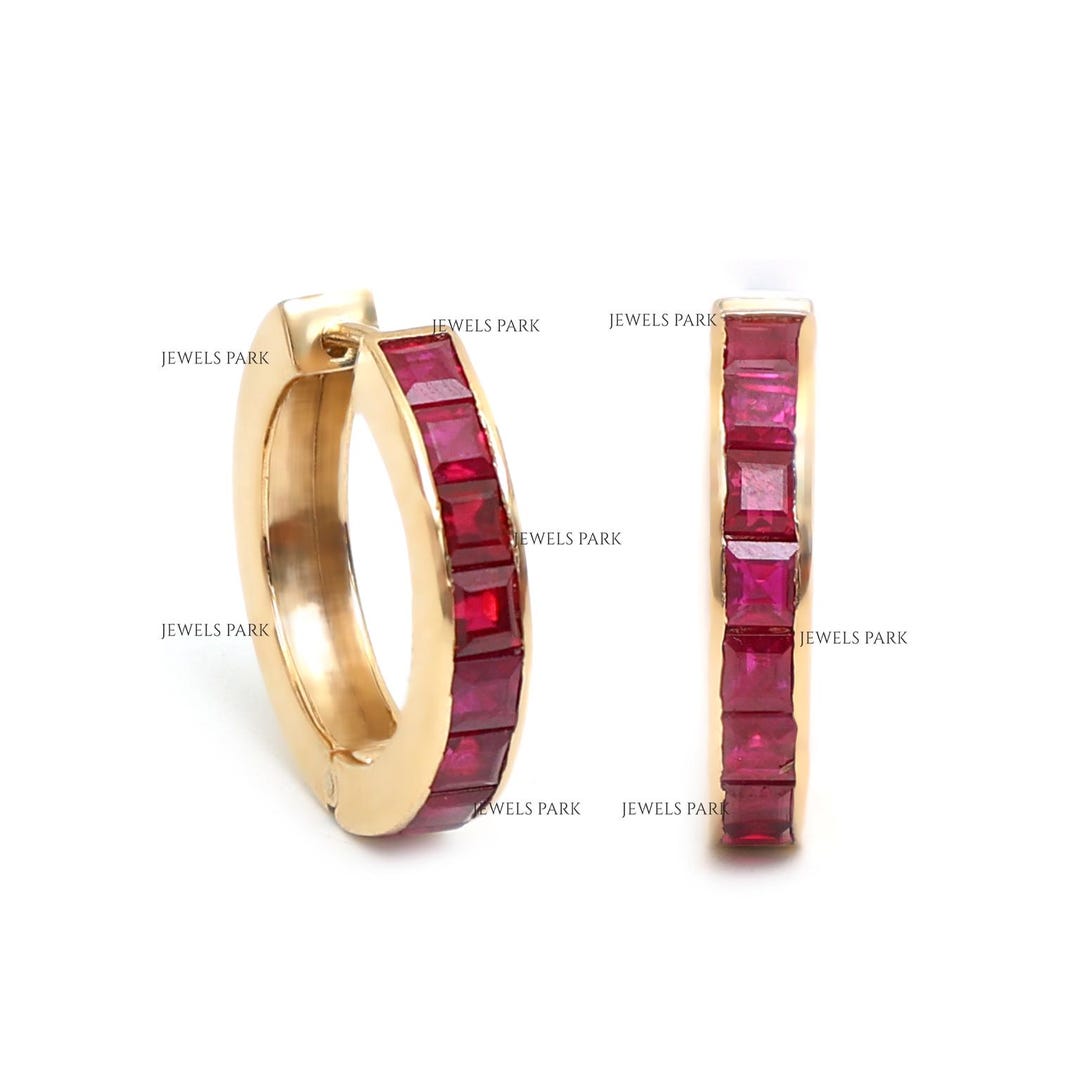 Ruby Princess Cut Prong Set Hoops Earrings Gold | Natural Ruby Princess ...