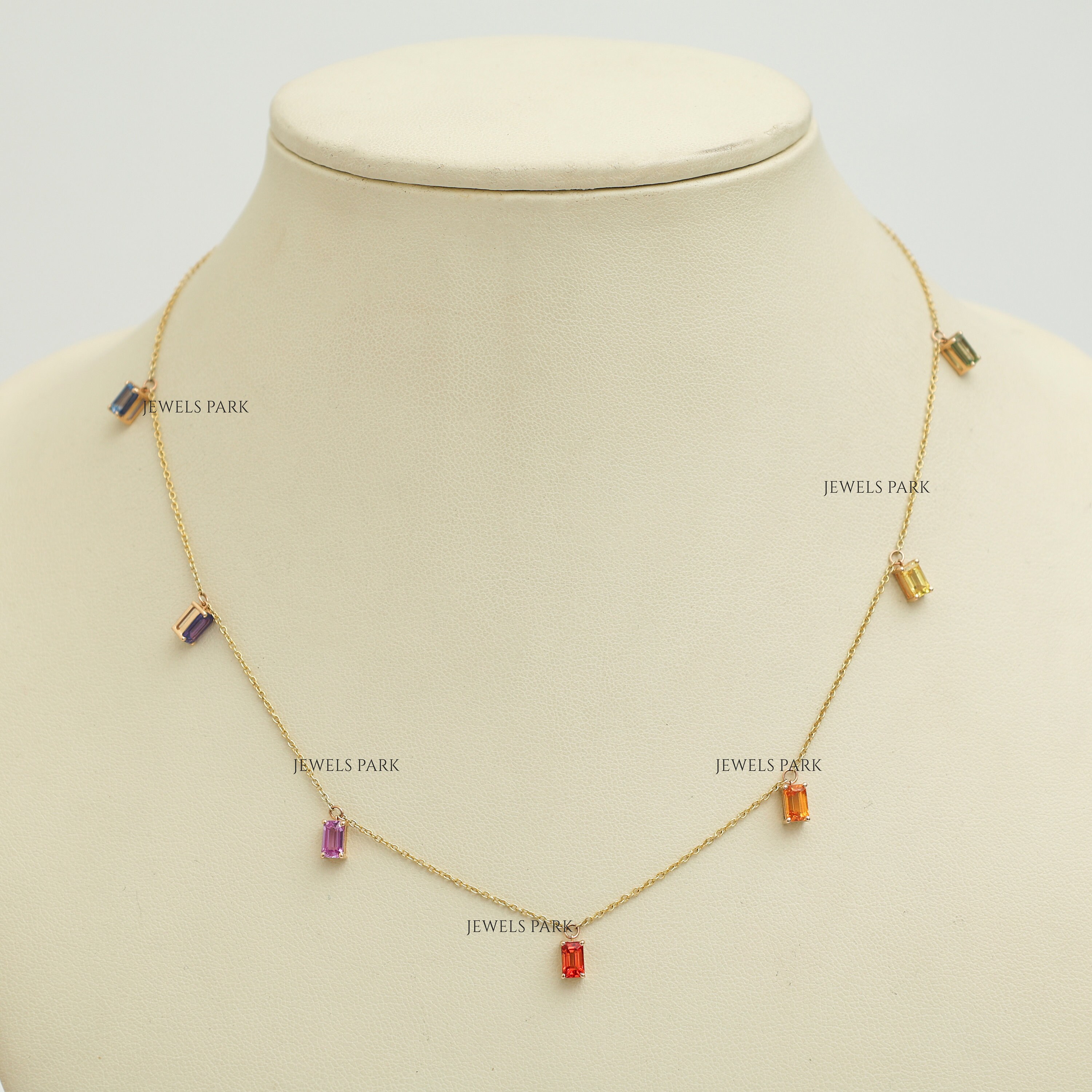 Rainbow Sapphire Emerald Cut Charms Chain Necklace Gold | Natural ...