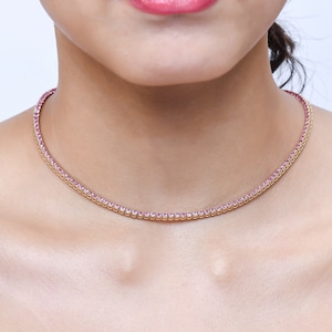 Pink Sapphire Tennis Necklace in 14k 18k Gold, Natural 2.50 Mm Pink ...