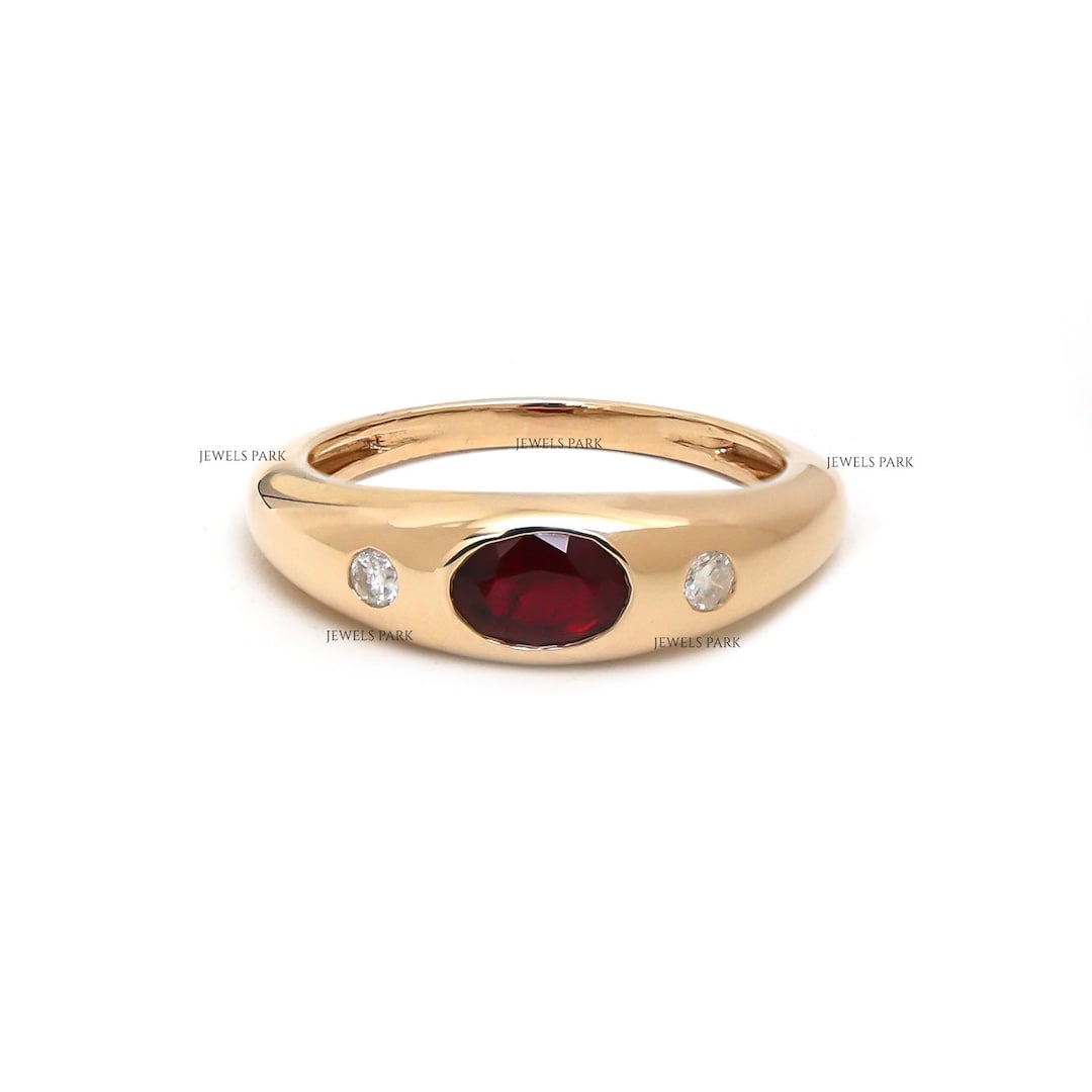 Chunky Ruby and Diamond Gypsy Ring Gold Natural Ruby Oval Cut Flush Set ...