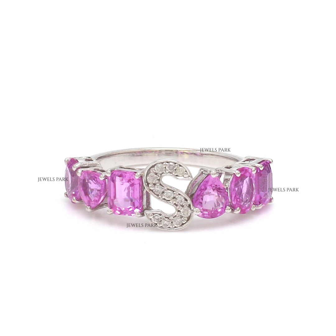 Pink Sapphire Name Letter Ring Gold | Natural Pink Sapphire Letter S ...
