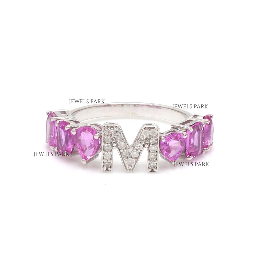 Pink Sapphire Name Letter Ring Gold | Natural Pink Sapphire Letter M ...