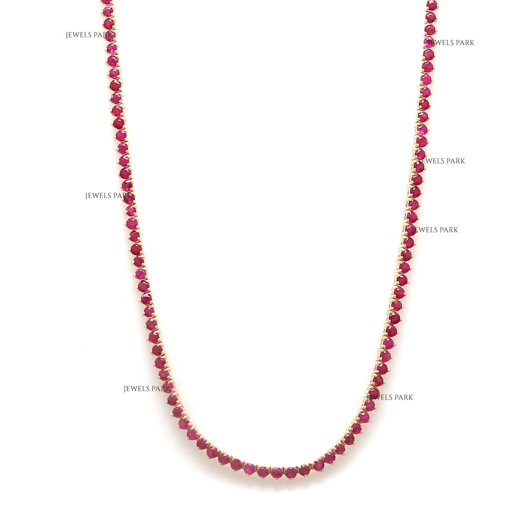 Ruby Round Thin Tennis Necklace Gold | Natural Ruby Tennis Three Prong ...