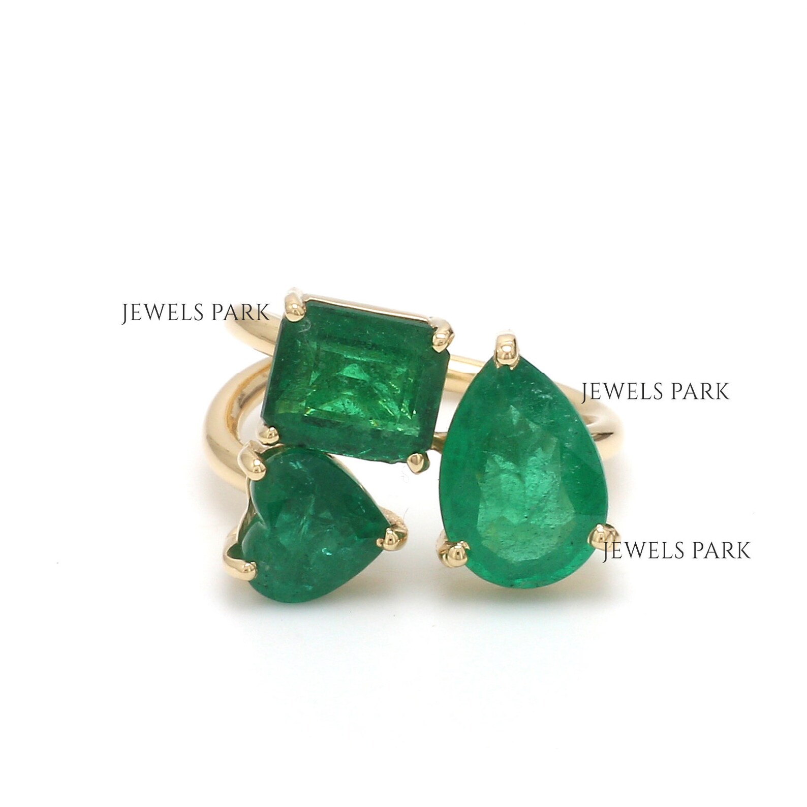 Real Emerald Pear Cut & Emerald Cut Ring Gold | Natural Three Stone ...