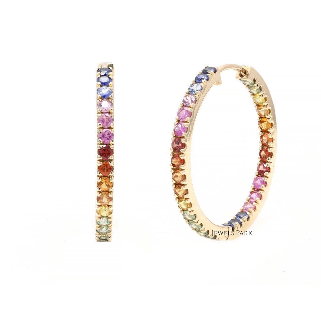 Rainbow Sapphire Hoops Earrings Solid 14K Gold | Natural 1.5 Inches ...