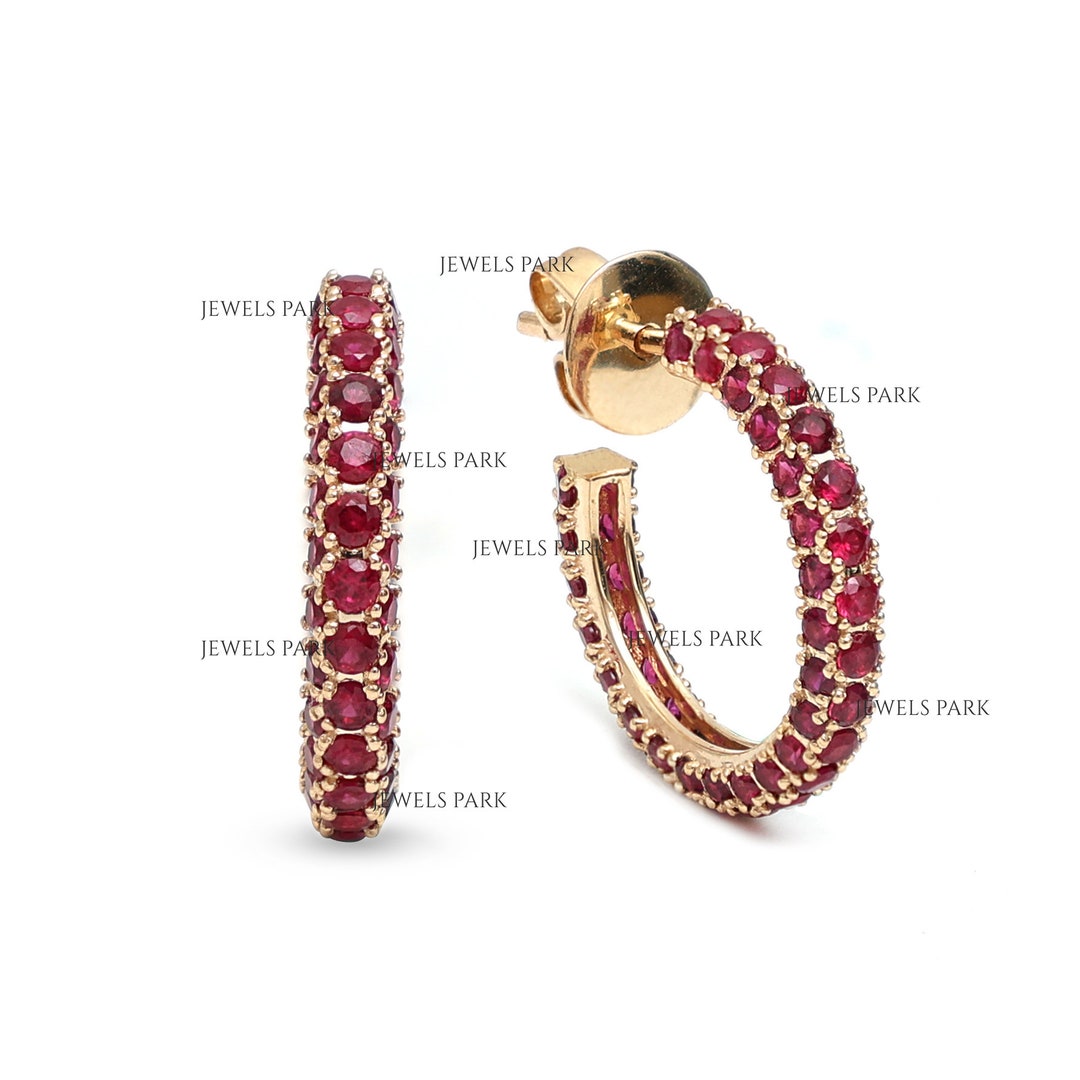 Ruby Earrings Gold Pave Set Hoops | Natural Ruby Round Pave Small Hoop Earring Gold | Red Ruby ...