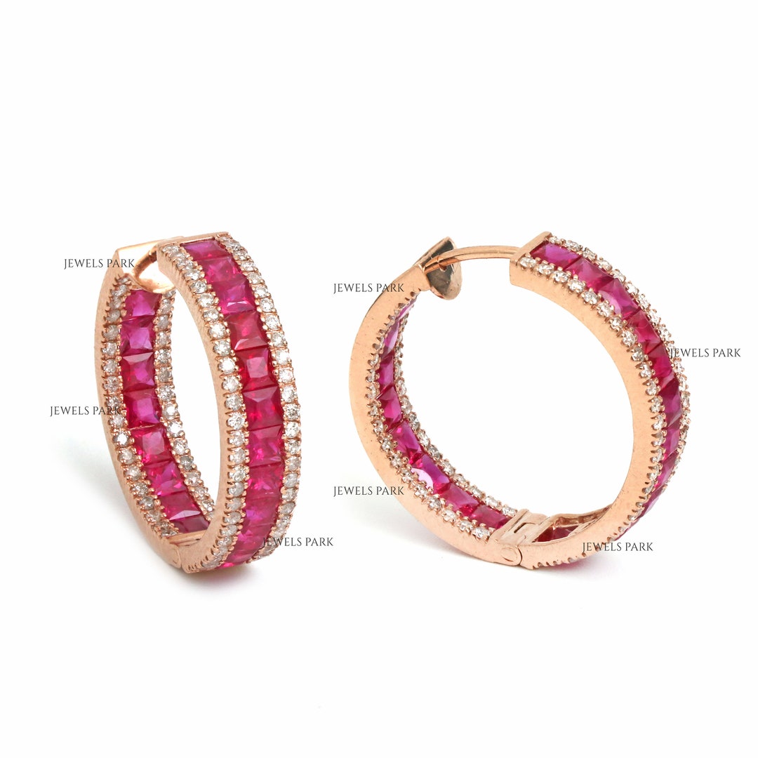 Real Ruby Princess Cut Channel Set Hoop Earrings Gold | Natural 30MM ...