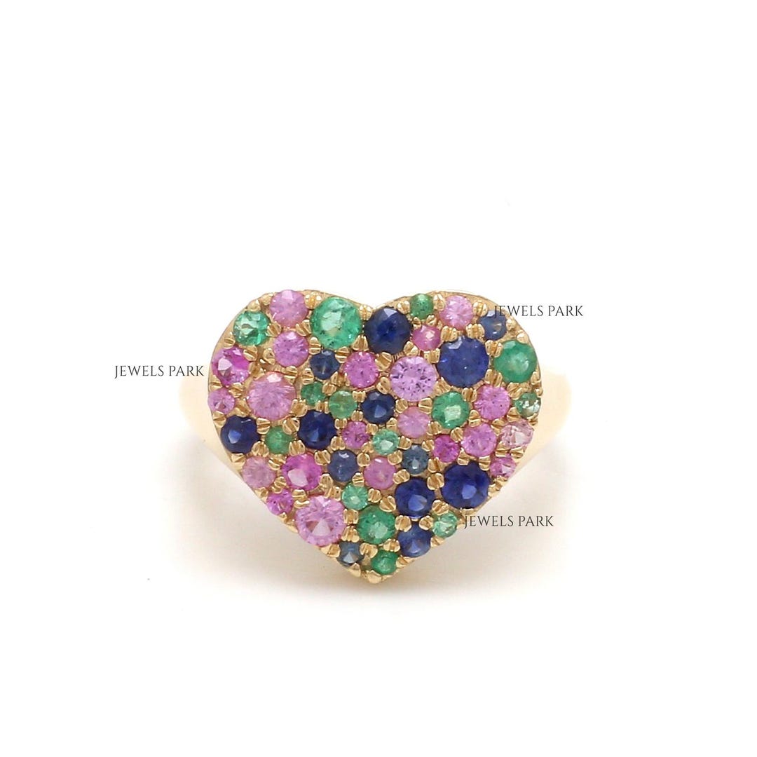 Multi Sapphire Emerald Round Heart Shape Ring Gold | Natural Multi ...
