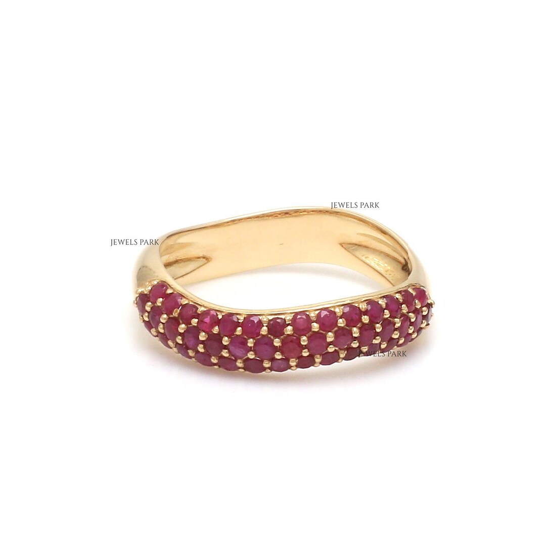 Ruby Pave Wavy Band Stackable Ring Gold | Natural Ruby Round Pave Set Wavy Half Band Ring Gold ...