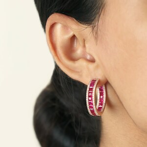 Real Ruby Princess Cut Channel Set Hoop Earrings Gold | Natural 30MM ...