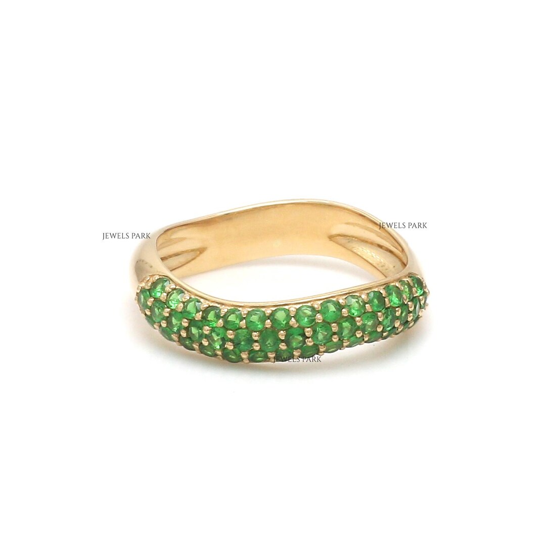 Tsavorite Pave Set Wavy Band Ring Gold | Natural Round Tsavorite Green ...