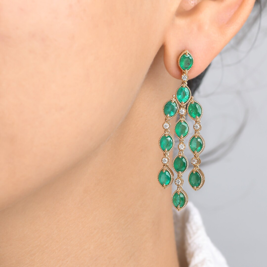 Real Emerald Oval Cut Filigree Art Deco Earrings Gold | Natural 8CT Oval Emerald Chandelier ...