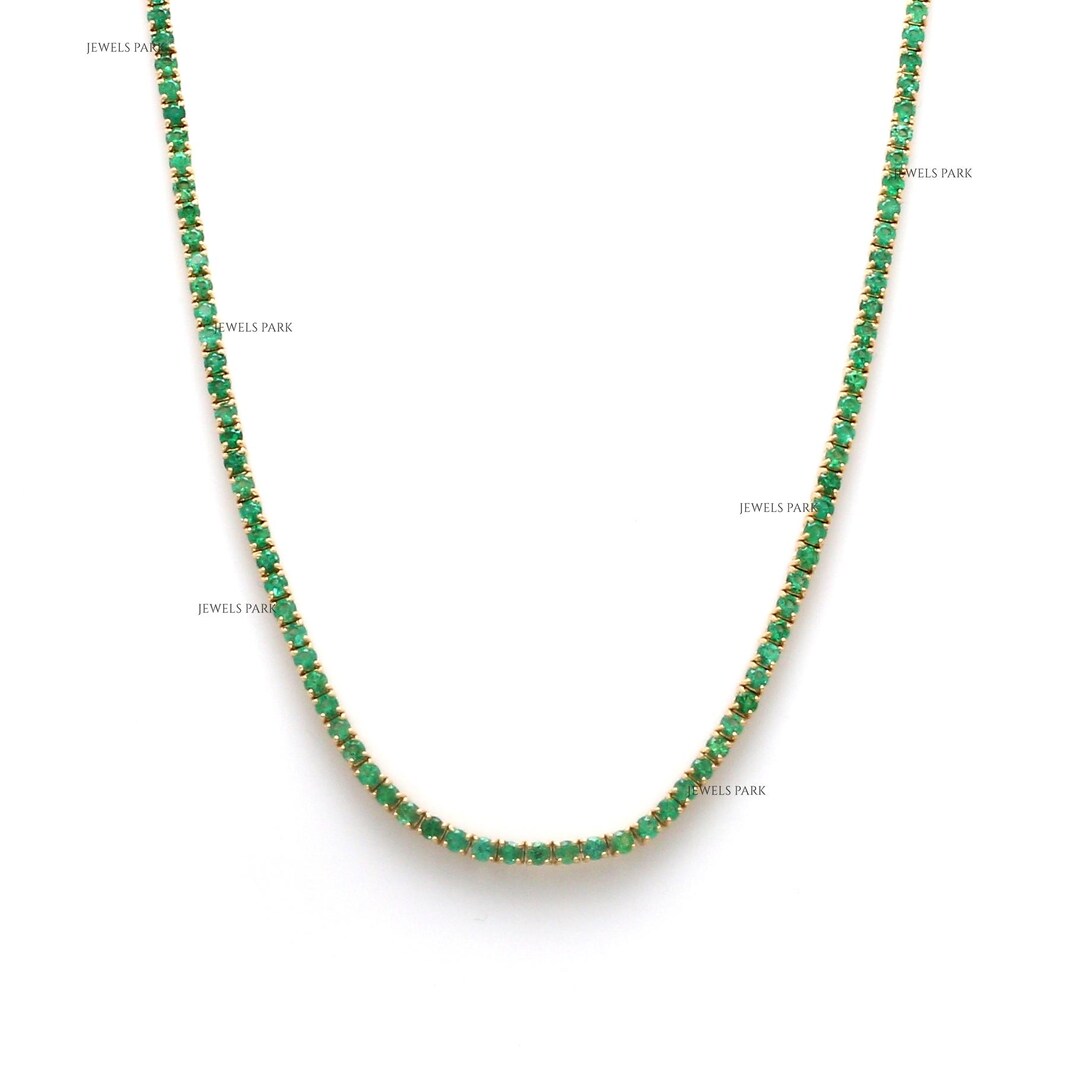 Emerald Round Tennis Necklace Gold | Natural Round Emerald Prong Set ...