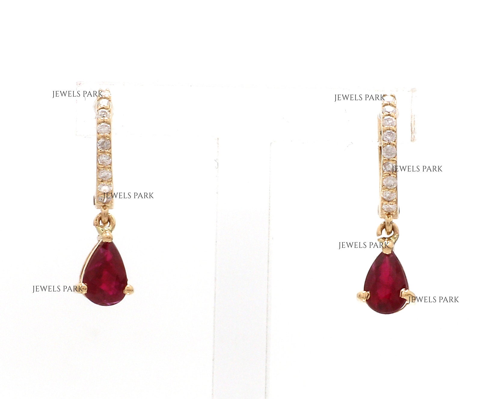 Real Ruby Pear Drop Small Diamond Hoops Earrings Gold | Natural Ruby ...