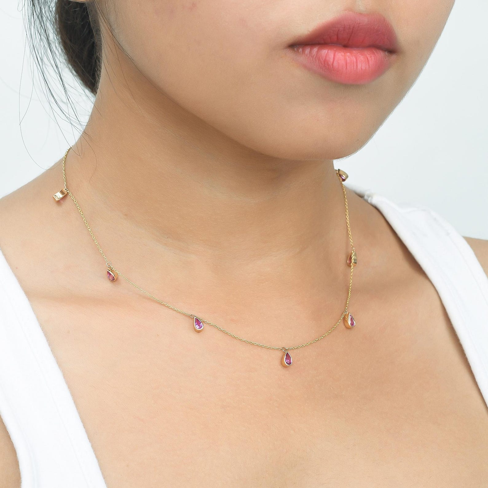 Pink Sapphire Pear Shape Bezel Set Charm Necklace Gold | Natural Pink ...