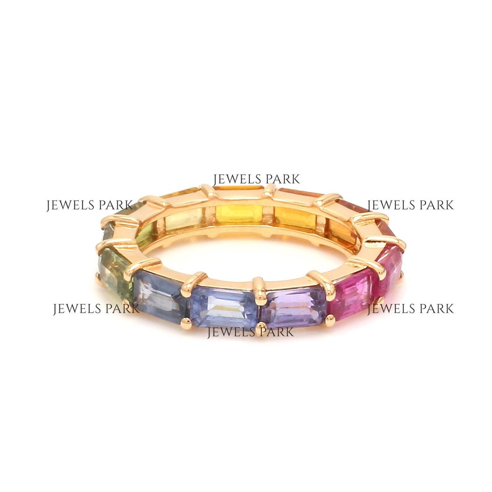 Rainbow Sapphire Emerald Cut Eternity Band Ring Gold | Natural Vibrant ...