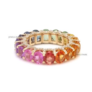Rainbow Sapphire Diamond Oval Eternity Band Ring 14K Gold | Natural 6 ...