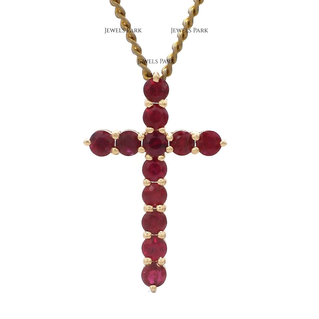 Real Ruby Cross Pendant 14K Gold | Natural 3MM Round Ruby Cross Pendant ...