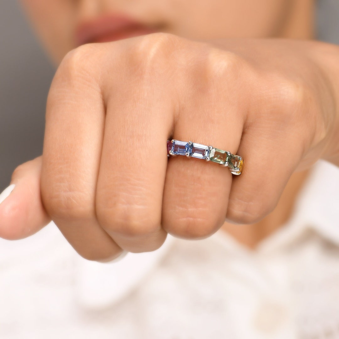 Rainbow Sapphire Octagon Cut Rainbow Gradient Ombre Eternity Band Ring ...