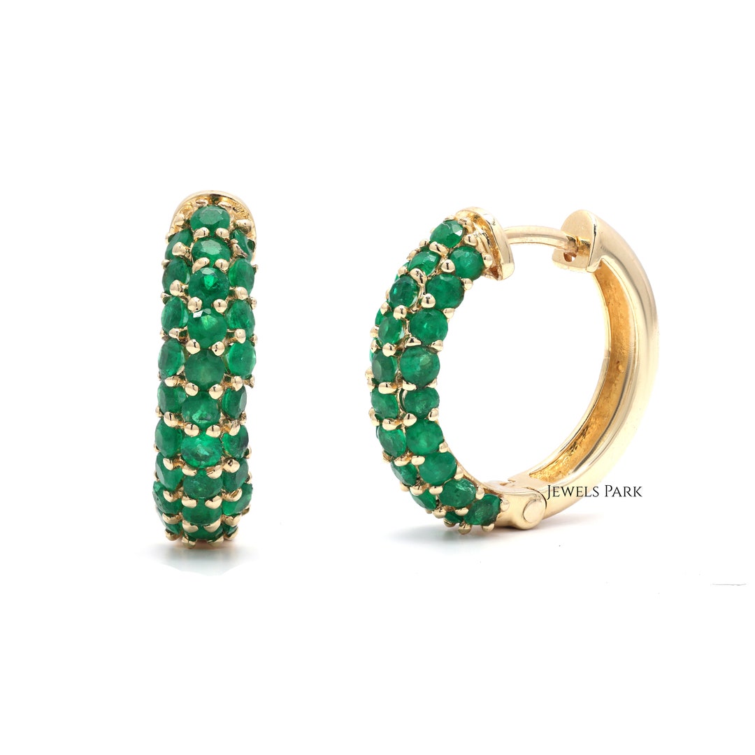Emerald Huggies Earrings Hoops 14K Gold | Natural Emerald Cut Earrings ...