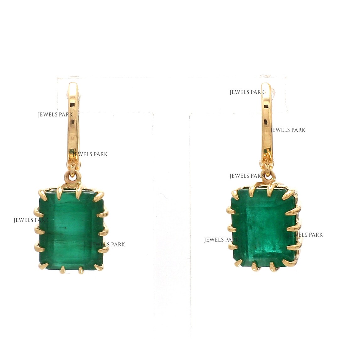 Real Emerald Octagon Shape Prong Set Drop Earrings Gold | Natural ...