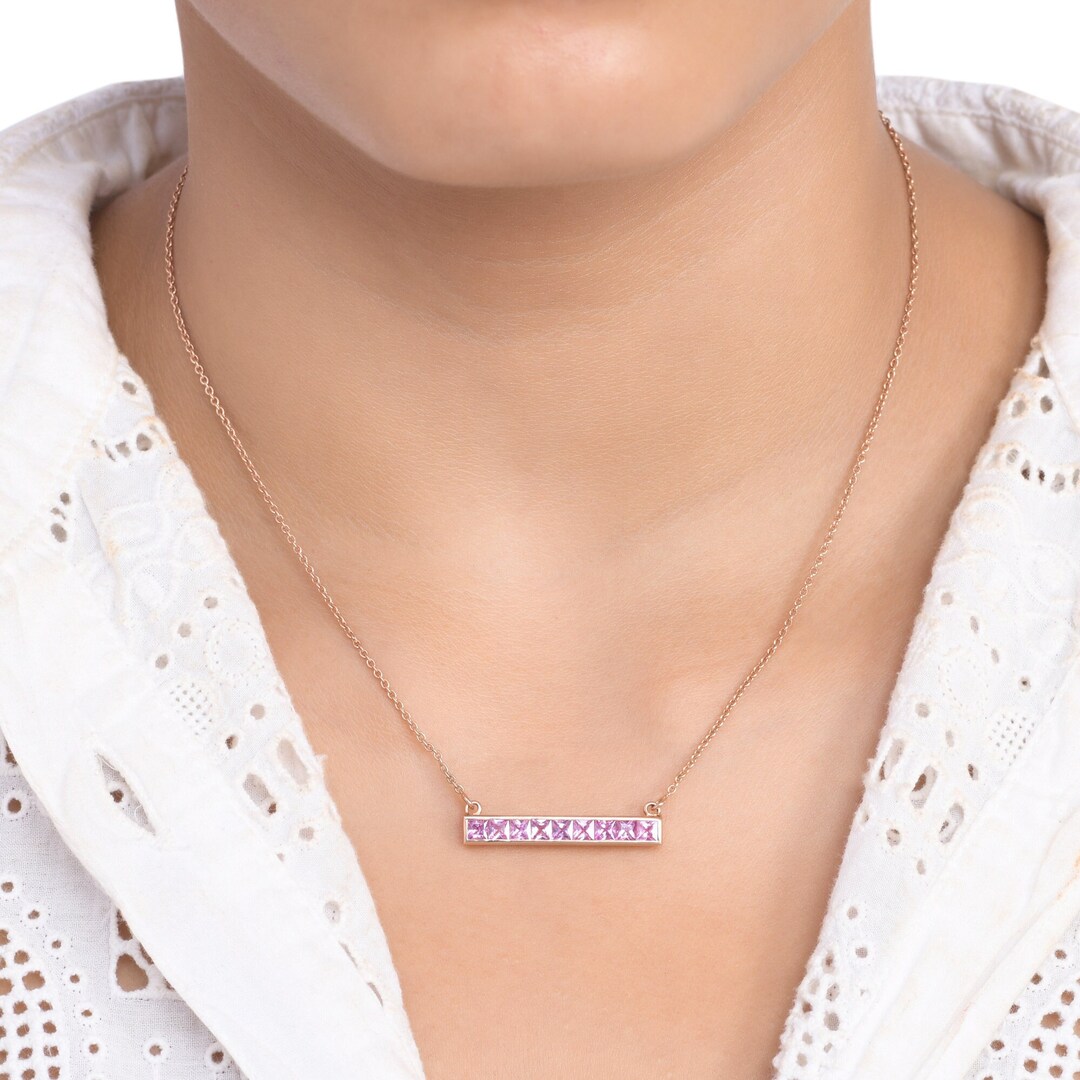 Pink Sapphire Channel Set Pendant Necklace Gold | Natural Princess Cut ...
