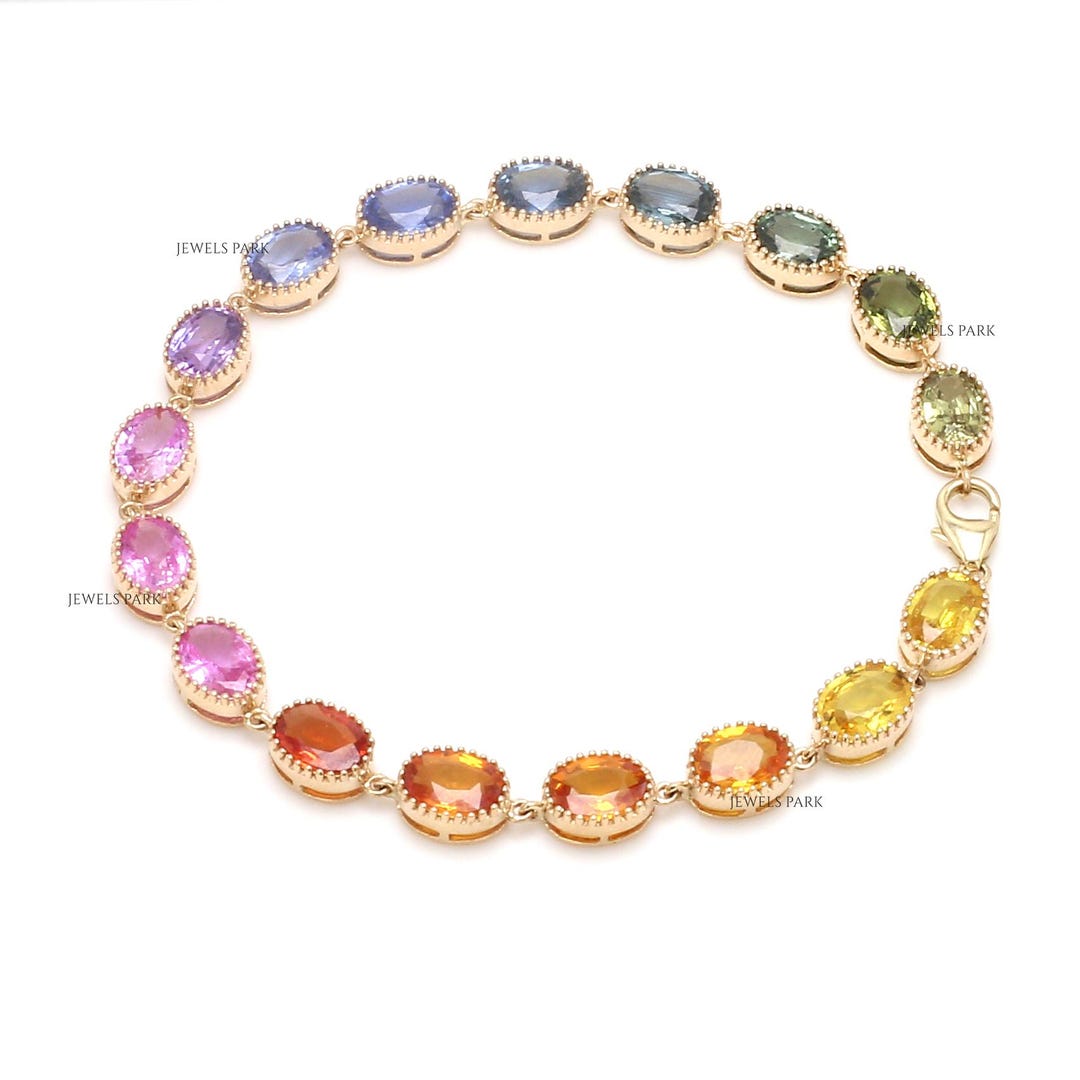 Rainbow Sapphire Bracelet 14k Solid Gold | Natural 10CT Oval Rainbow ...