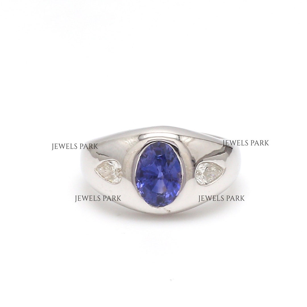 Blue Sapphire Chunky Diamond Gypsy Ring in Gold Natural Blue Sapphire ...