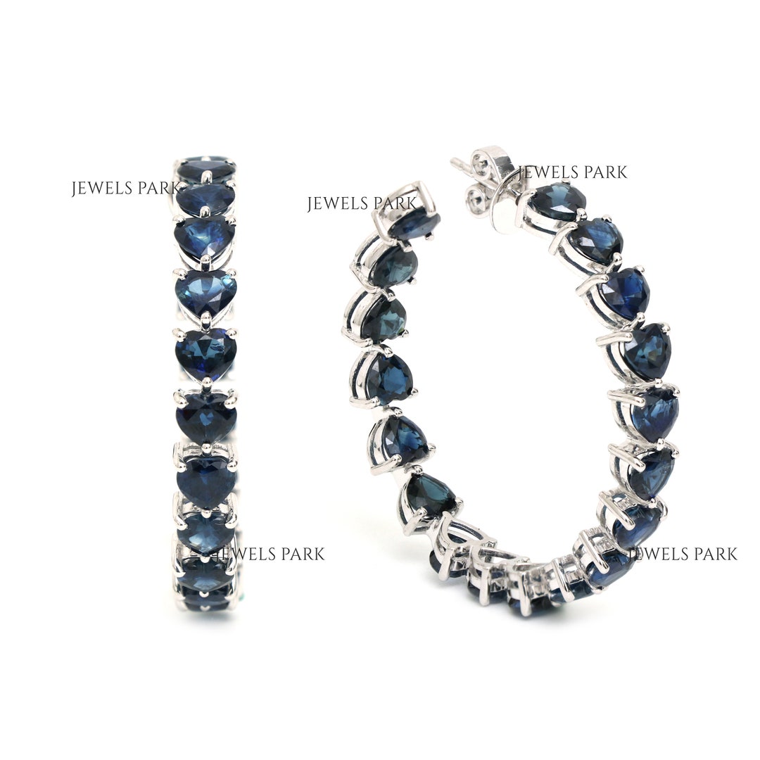 Blue Sapphire Heart Shape Big Hoops Earrings 14K Gold | Natural 40MM ...