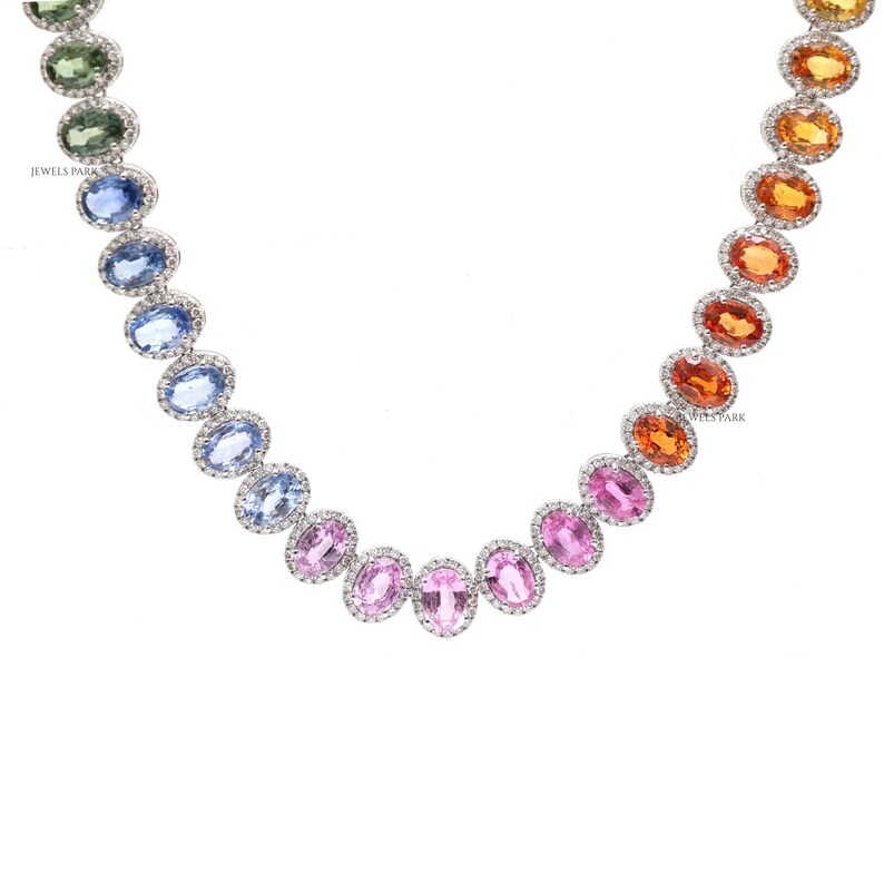 Multi-color Rainbow Sapphire & Diamond Halo Necklace Gold | Oval Cut ...