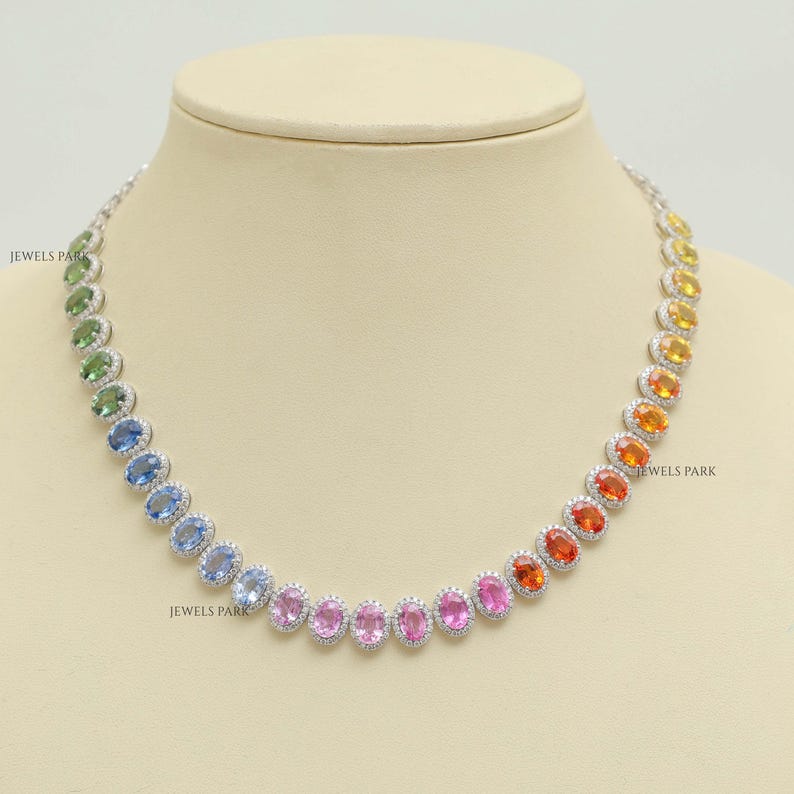 Multi-color Rainbow Sapphire & Diamond Halo Necklace Gold | Oval Cut ...