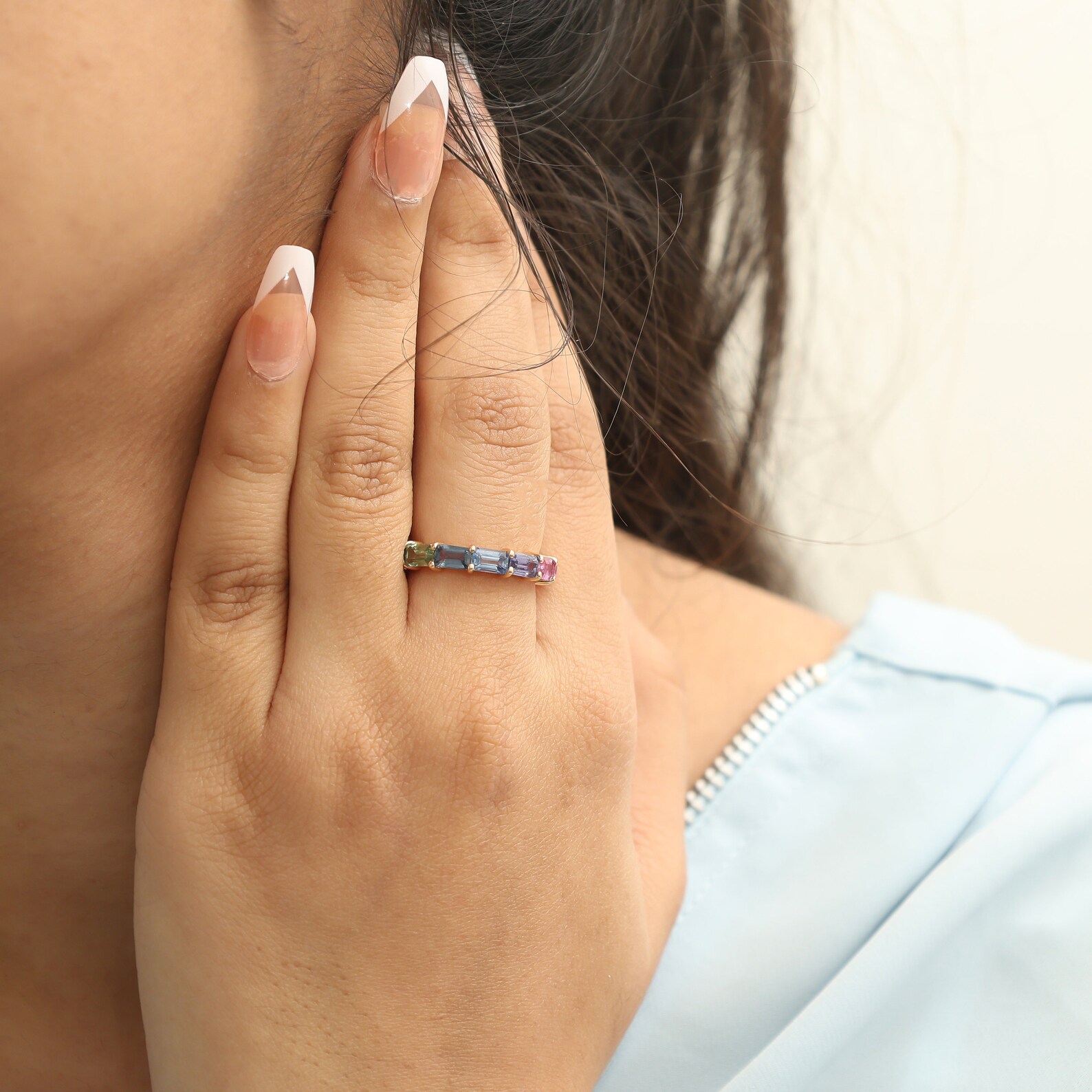 Rainbow Sapphire Emerald Cut Eternity Band Ring Gold | Natural Vibrant ...
