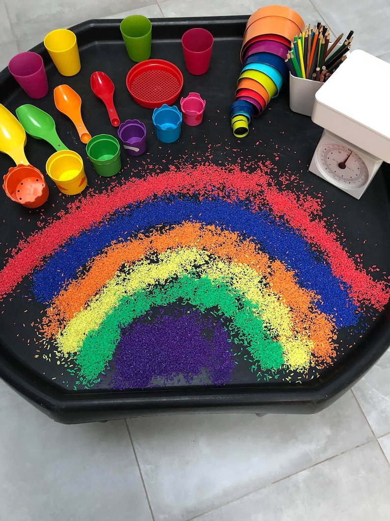 Rainbow Sensory Rice tuff tray sensory bin sensory play | Etsy