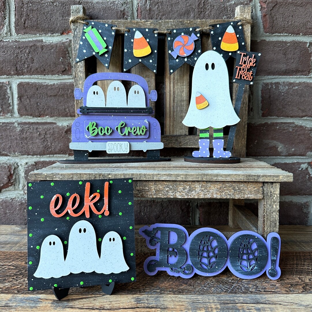 Trick or Treat Ghost Shelf Sitter Sign Wood, Whimsical Halloween Tiered ...