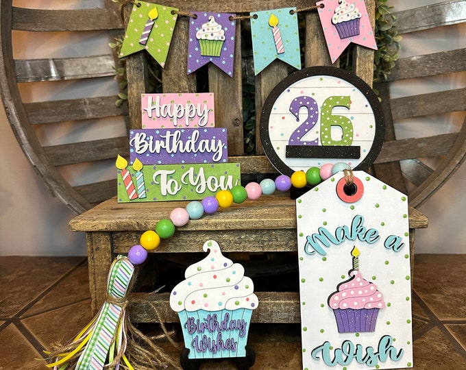 Happy Birthday Tiered Tray Decor Set, Birthday Party Decor, Happy ...