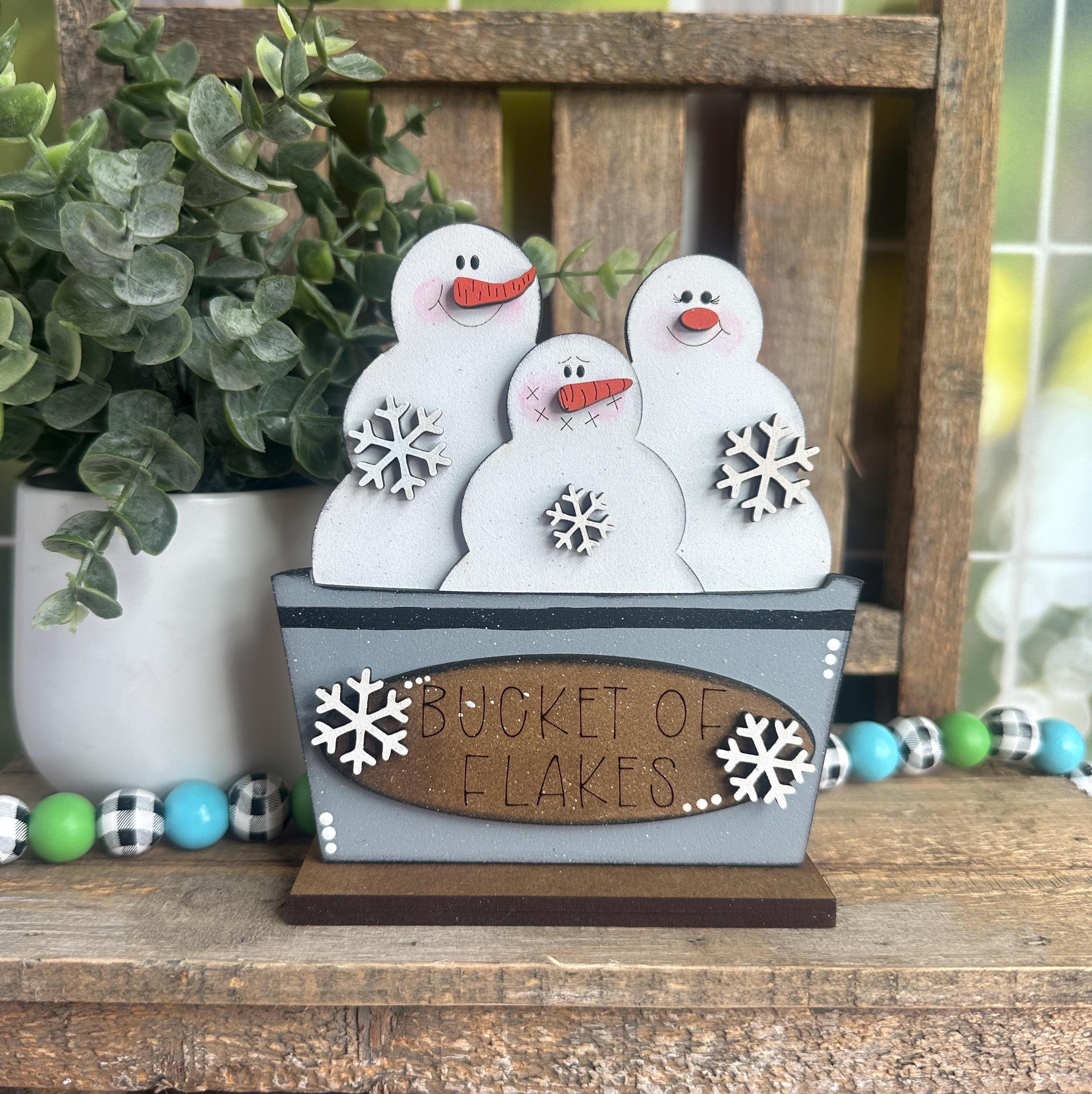 Snowman Trio Decor Shelf Sitter, Bucket of Flakes Snowman Tiered Tray ...