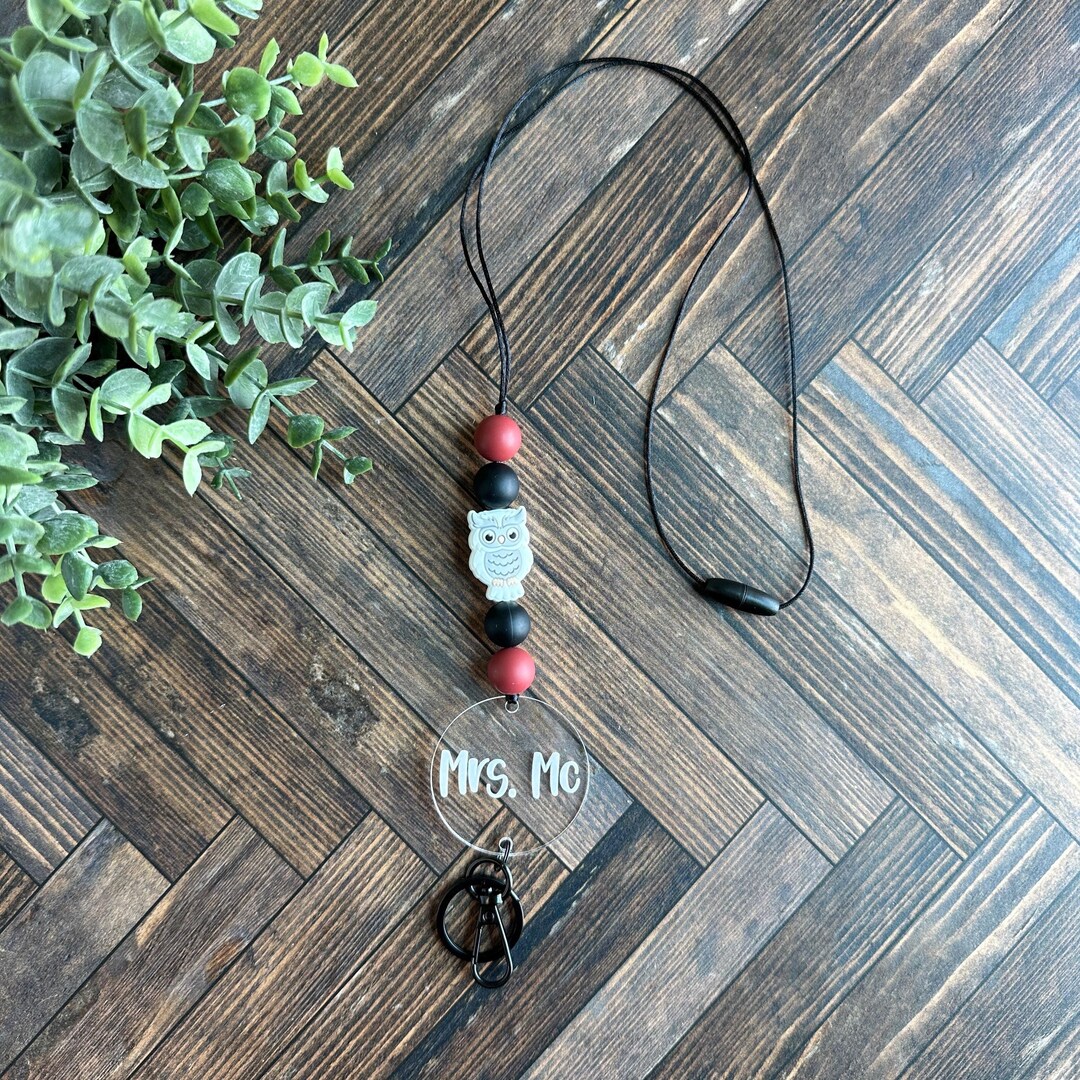Personalized Gray Owl Beaded Lanyard Teacher Lanyard With Name and Id ...