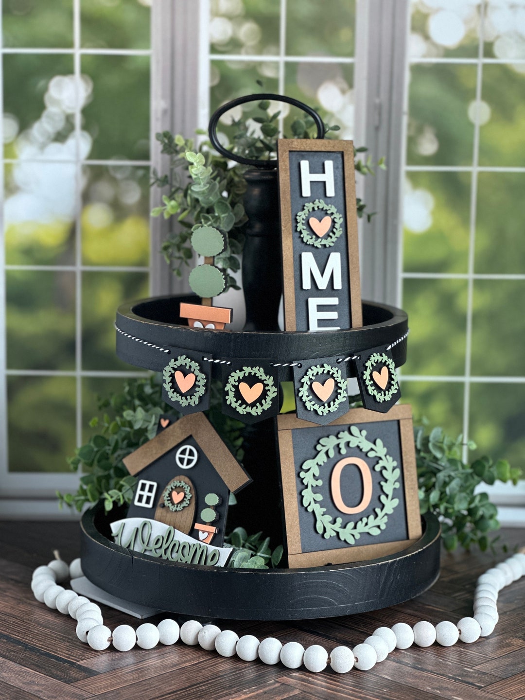 Home Tiered Tray Decor, Personalized Initial Wreath Tiered Tray Sign ...