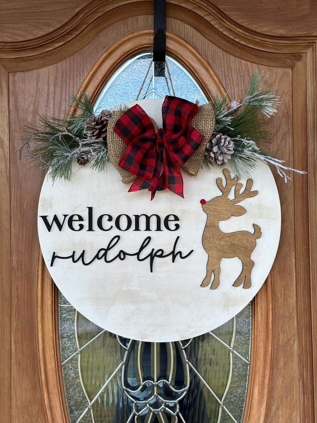 Rudolph Door Hanger Front Door Christmas Sign Wood, Woodland Christmas ...