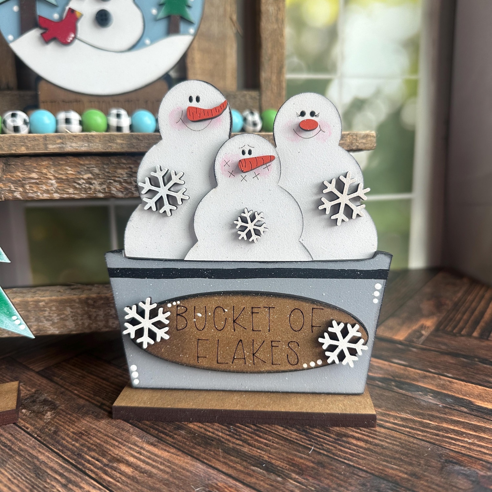 Snowman Trio Decor Shelf Sitter, Bucket of Flakes Snowman Tiered Tray ...