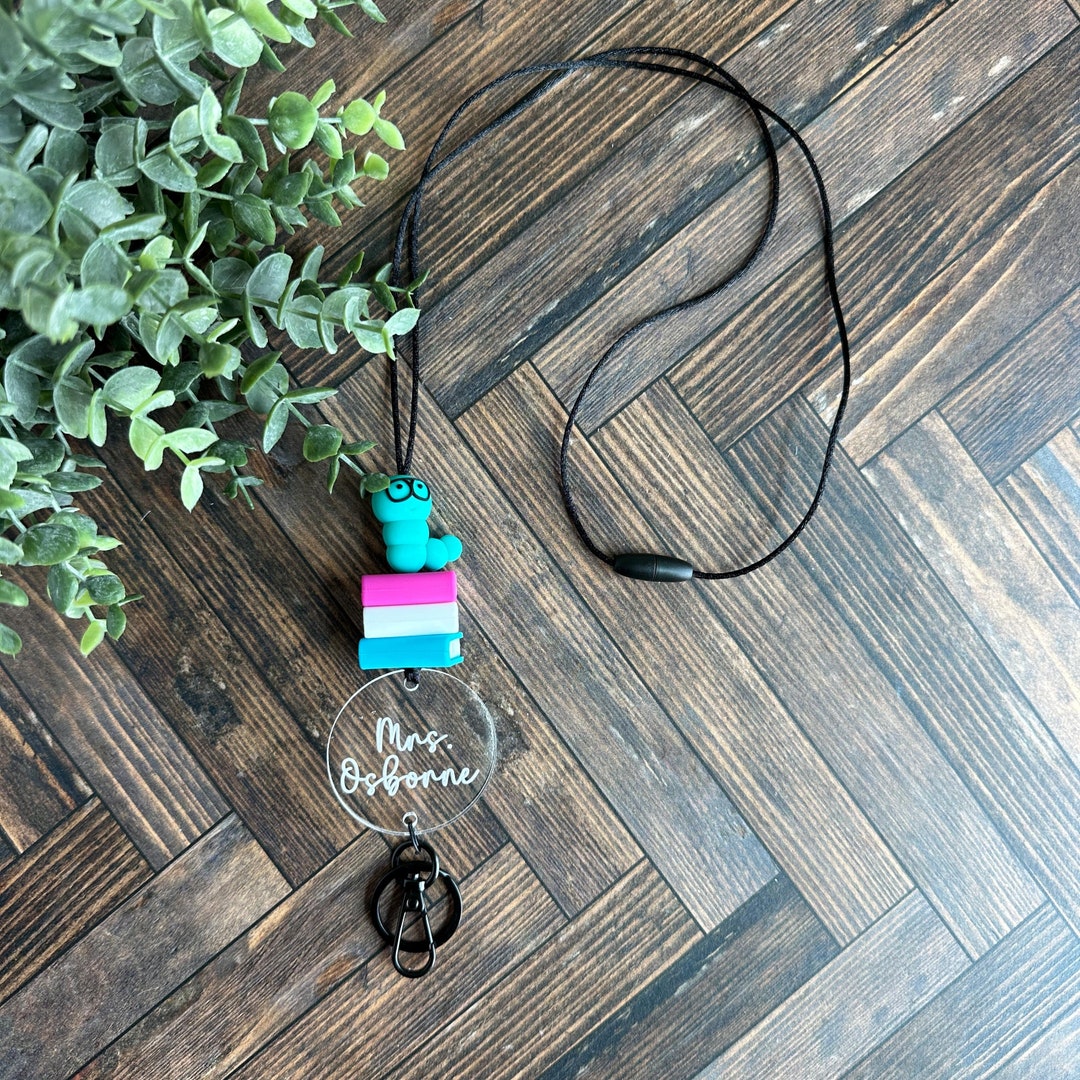 Personalized Teal Teacher Lanyard With Name, Bookworm Teacher Badge ...
