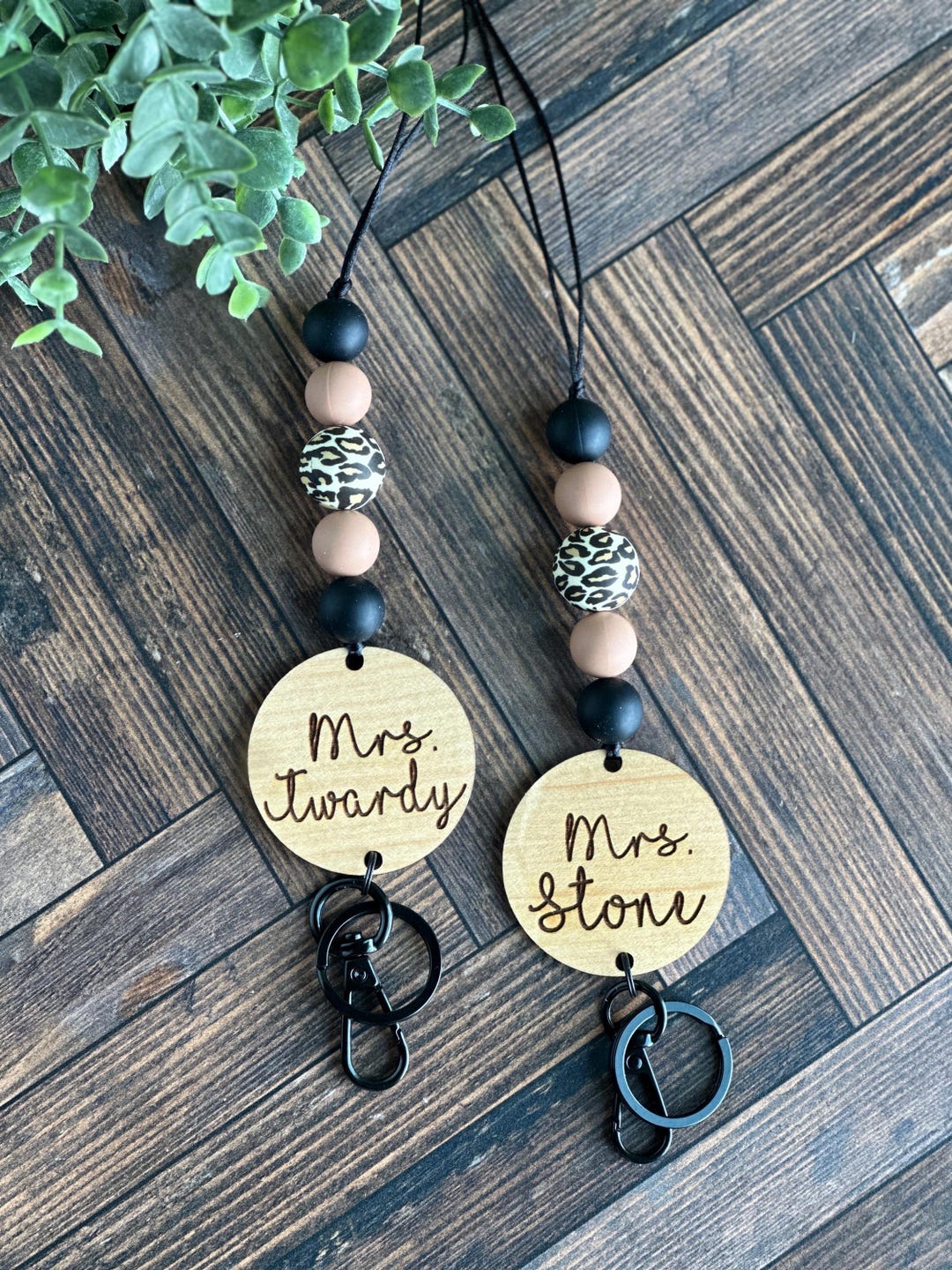 Personalized Neutral Tone Leopard Beaded Lanyard With Name and Id Badge ...