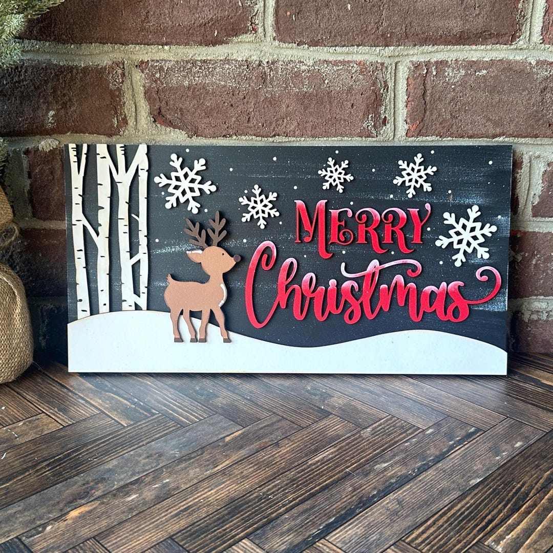 Merry Christmas Sign Wood, Cute Reindeer Decor for Christmas, Woodland ...