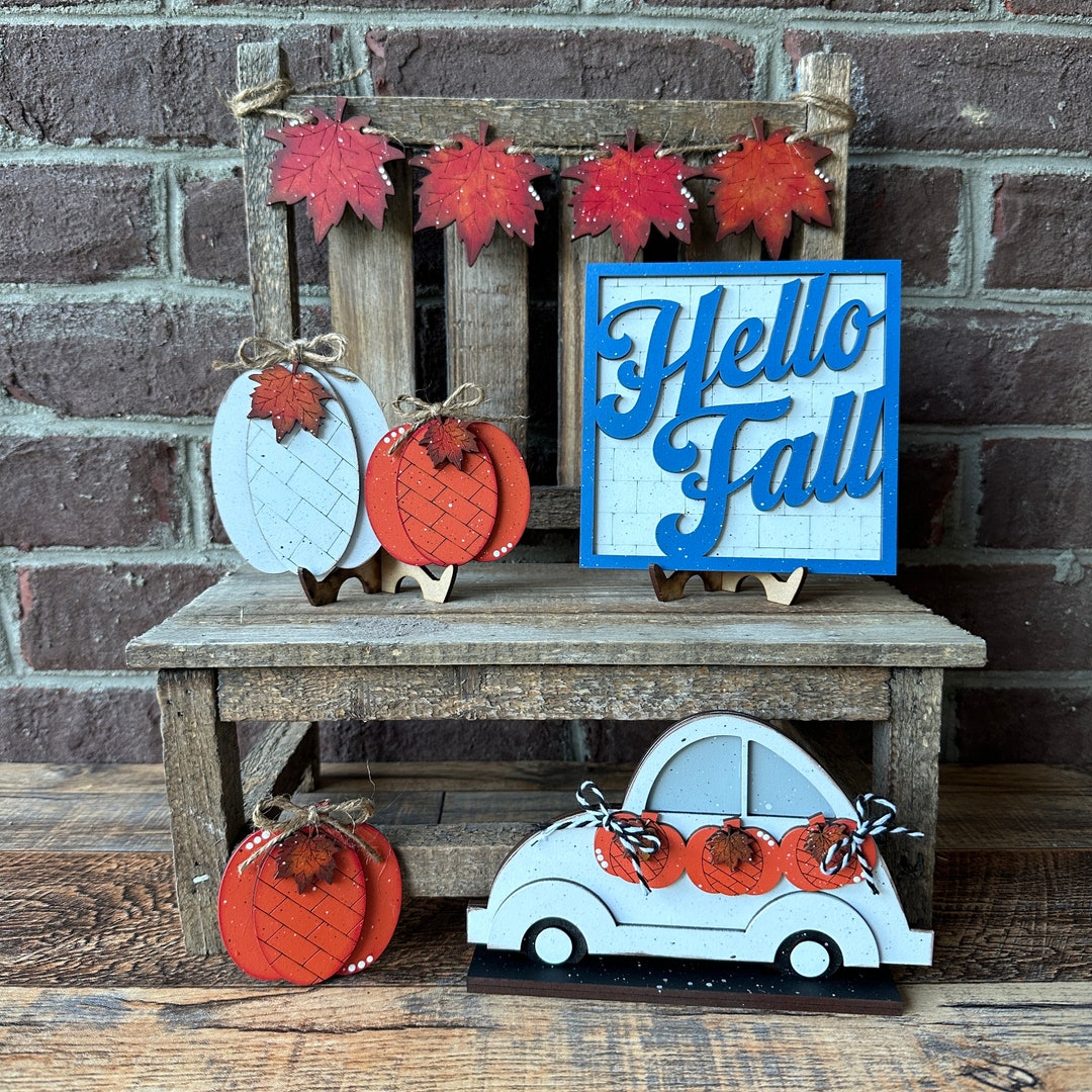 Hello Fall Sign Tiered Tray Decor Set, Fall Host Gift, White Pumpkin ...