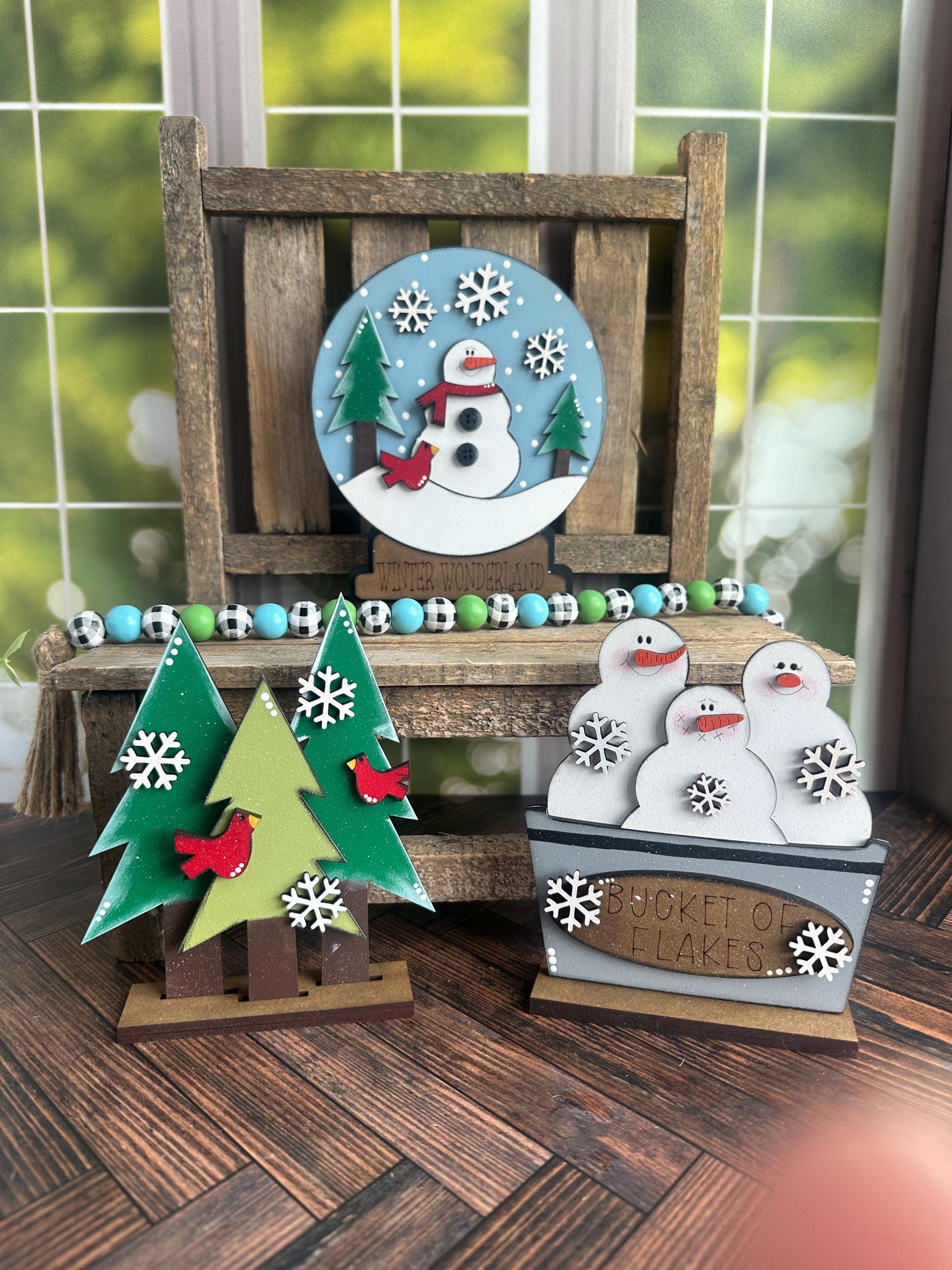 Snowman Trio Decor Shelf Sitter, Bucket of Flakes Snowman Tiered Tray ...