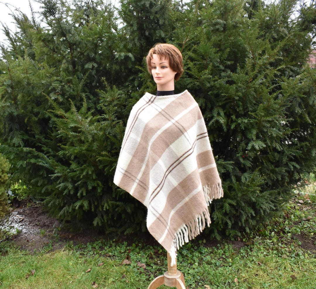 Beige Check Large Poncho XL Size Lambs and Alpaca Wool Poncho XL Size ...