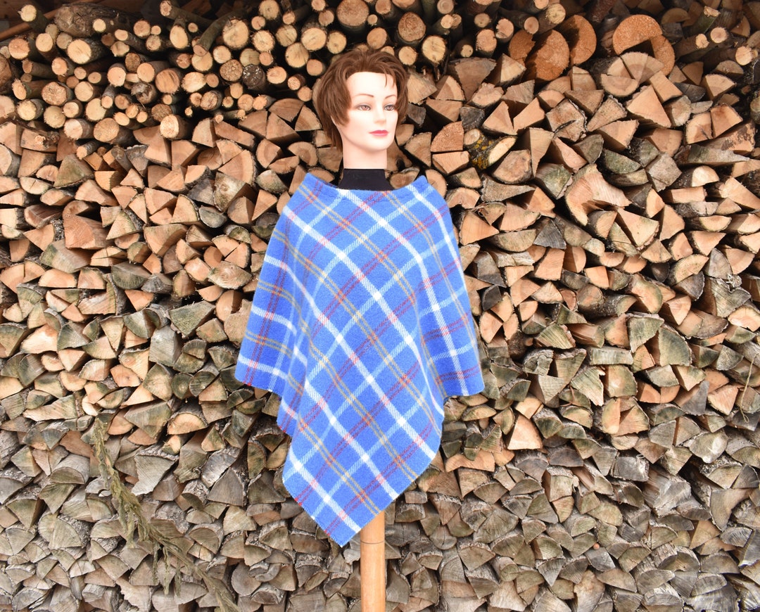 Lamb's Wool Poncho Blue Check Poncho Check Sky Blue Cloak Blue Lamb's ...