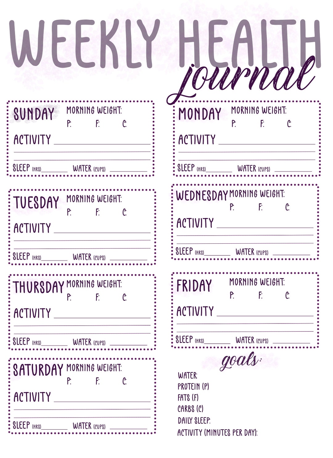 Weekly Health Journal - Etsy