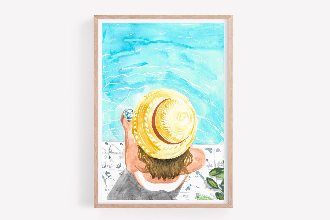Pool Art Print - Watercolor Woman by the Pool - Hand Painted Room Decor ...