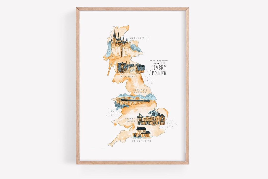Duotone Wizarding World Watercolor Map Print - Hand Painted Room Decor ...